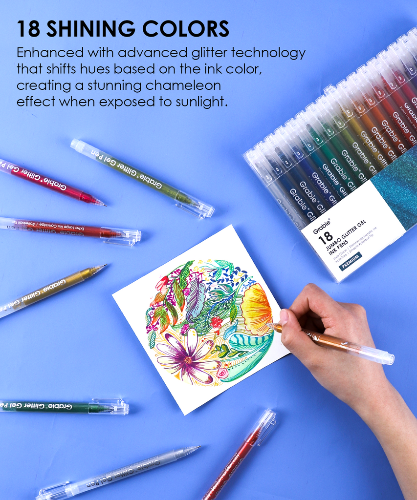 Jumbo Iridescent Glitter Gel Ink Pen Set Of 18 - Grabie®